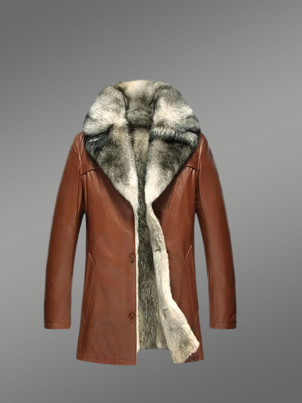 Authentic Shearling Coat in Brown With Silver Fox Fur Highlight