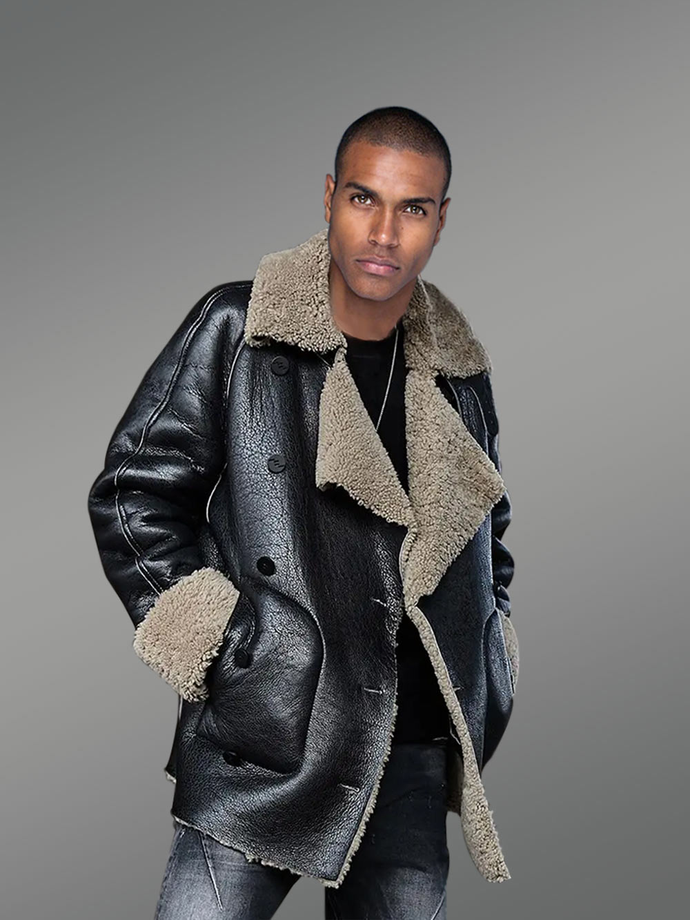 Authentic Shearling Jacket With Double Breasted Greyish Wool Lining