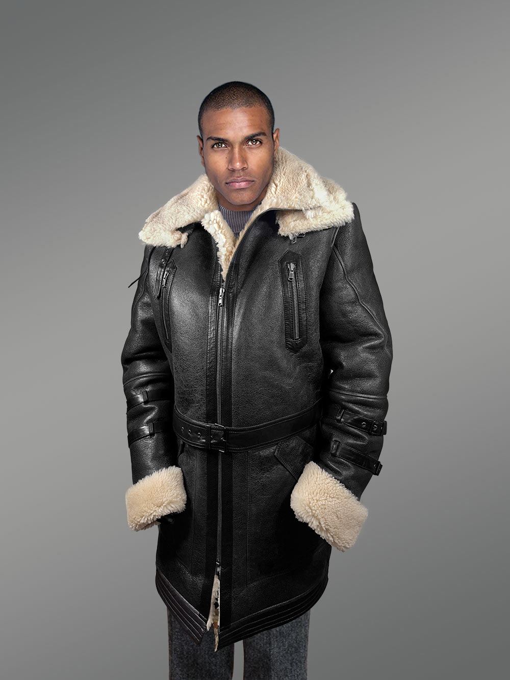 Black Shearling Coat for Men