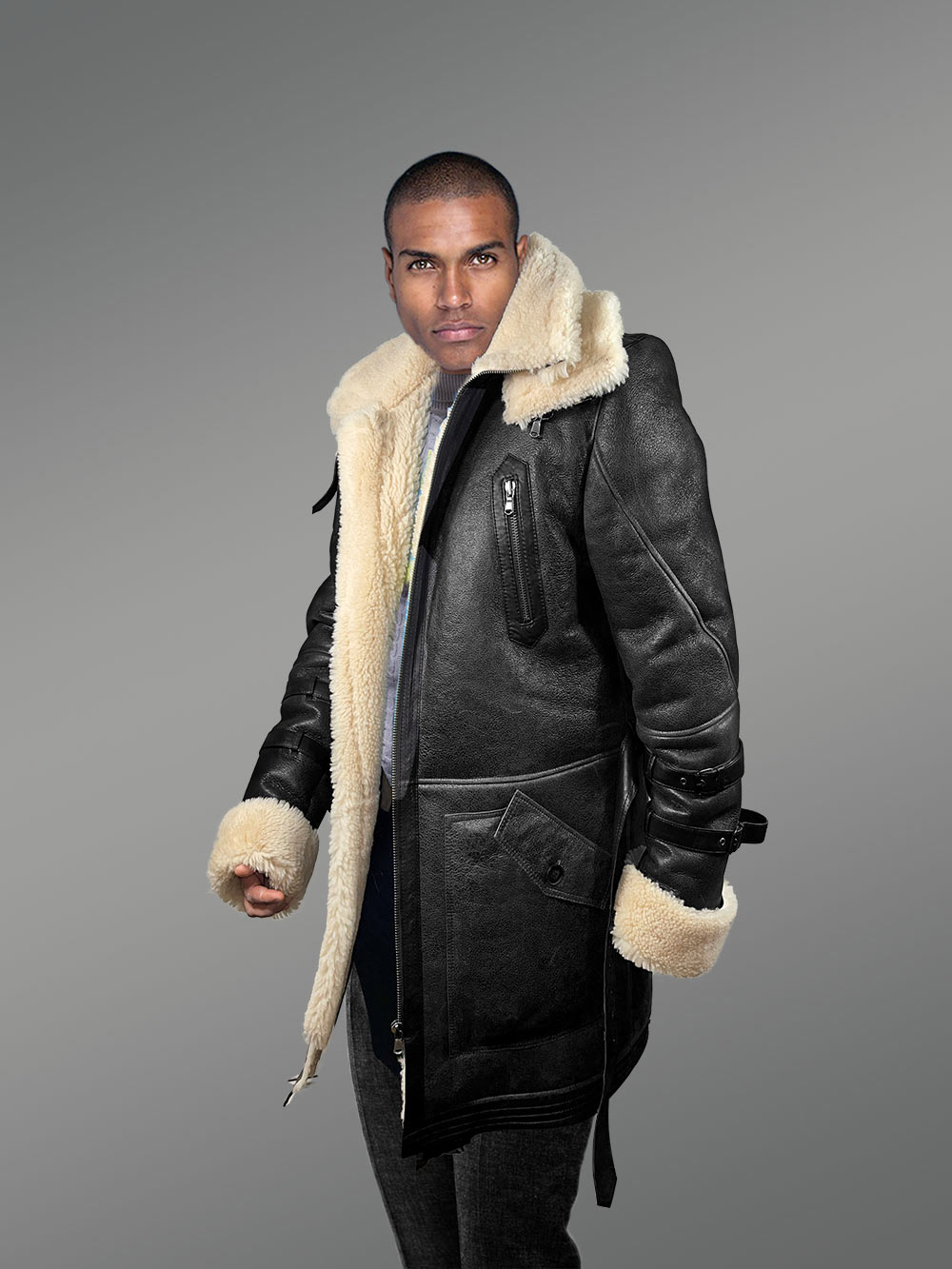 Black Shearling Coat for Men