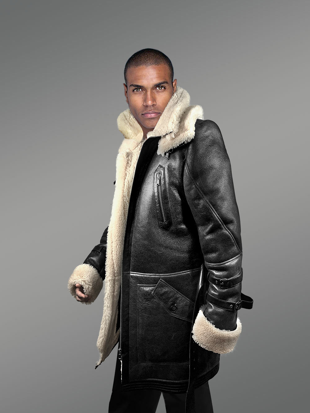 Black Shearling Coat for Men