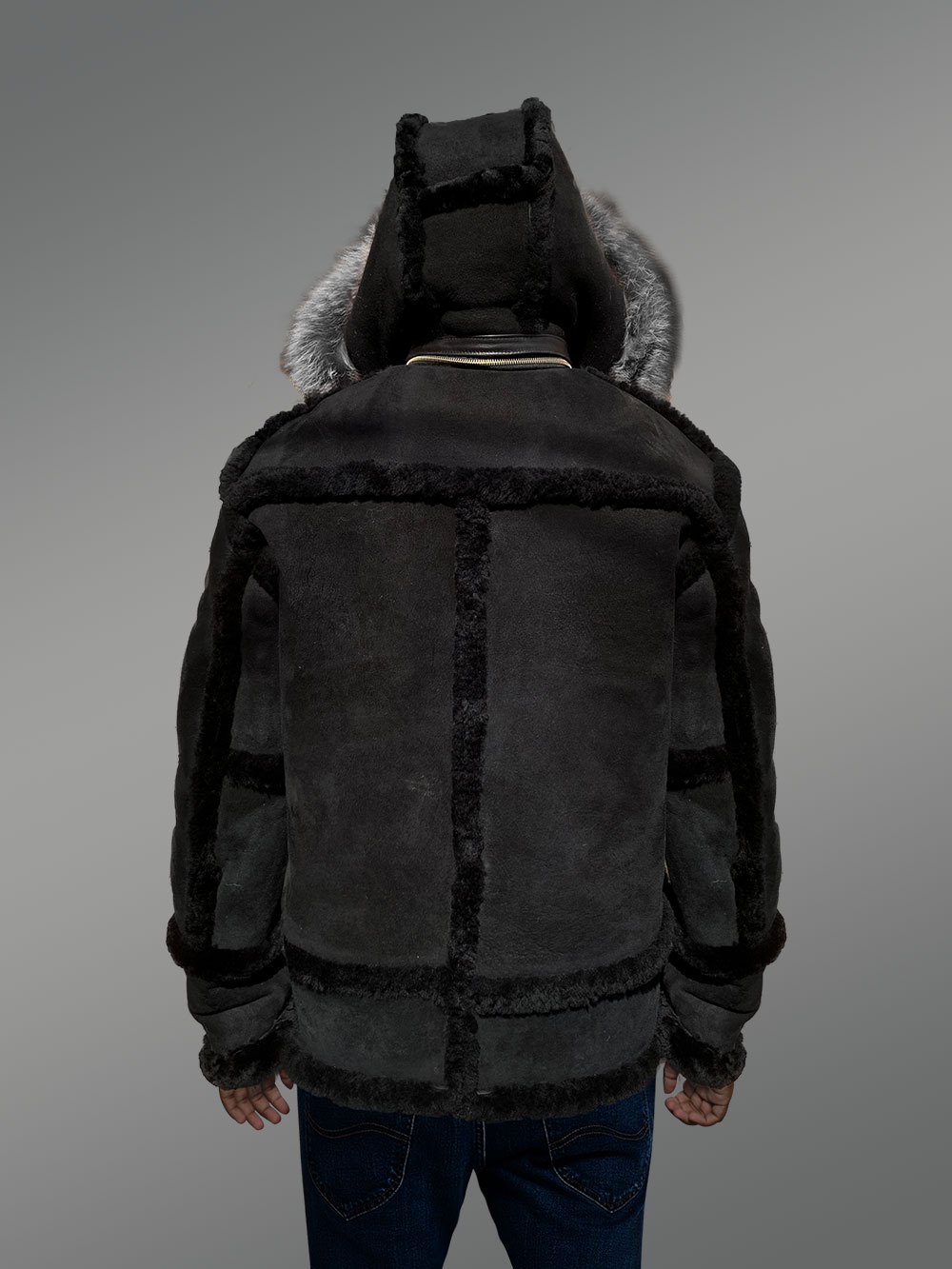 Black Shearling Jacket With Silver Fox Fur Hood