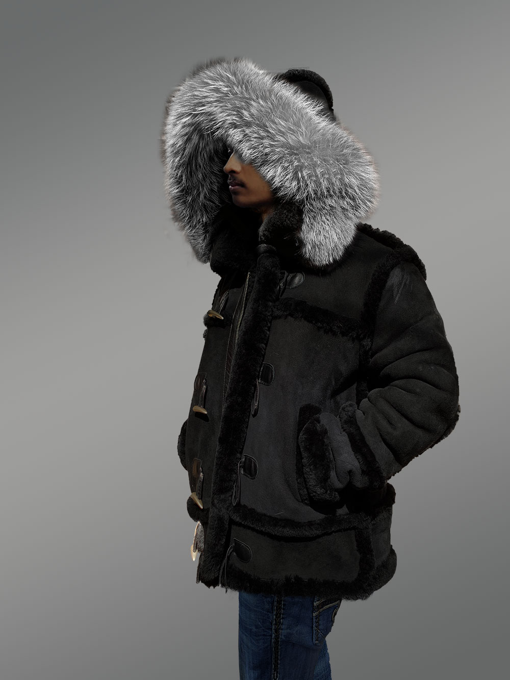 Black Shearling Jacket With Silver Fox Fur Hood