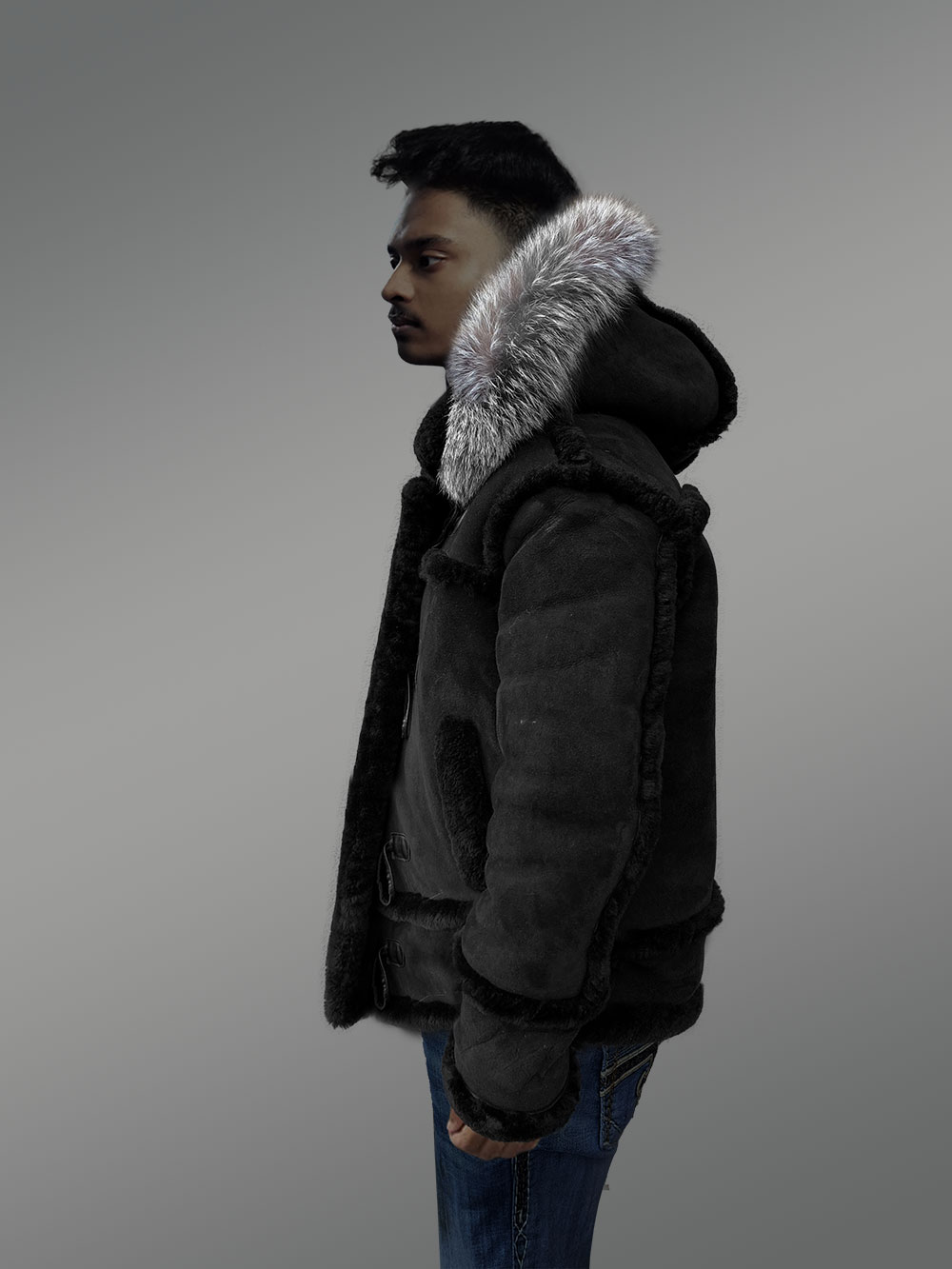 Black Shearling Jacket With Silver Fox Fur Hood