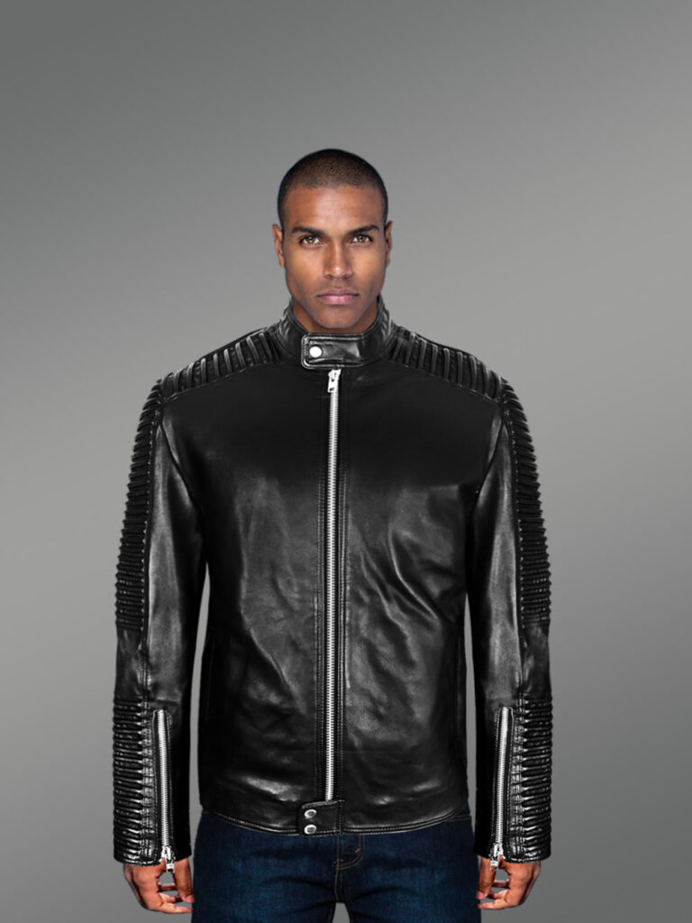 Black and long aura-building pure leather jacket for men
