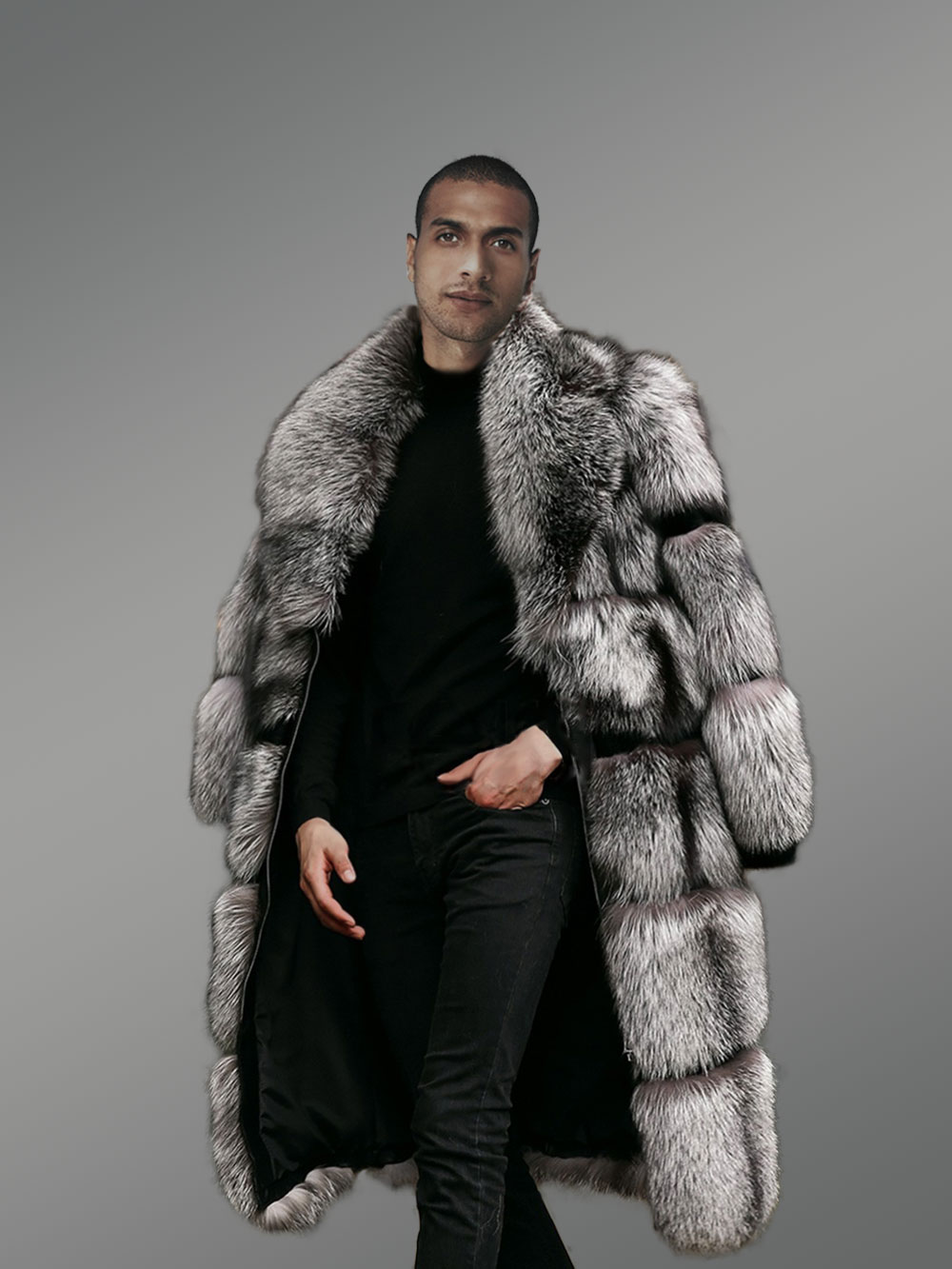 Block Pattern Silver Fox Fur Coat