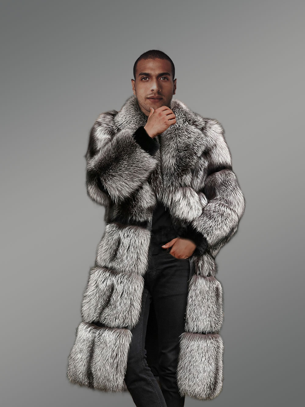 Block Pattern Silver Fox Fur Coat