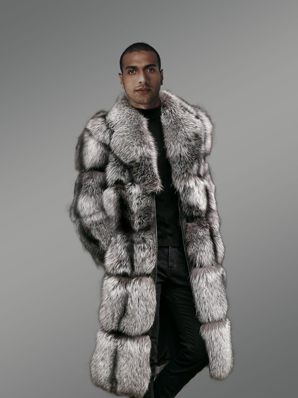 Block Pattern Silver Fox Fur Coat