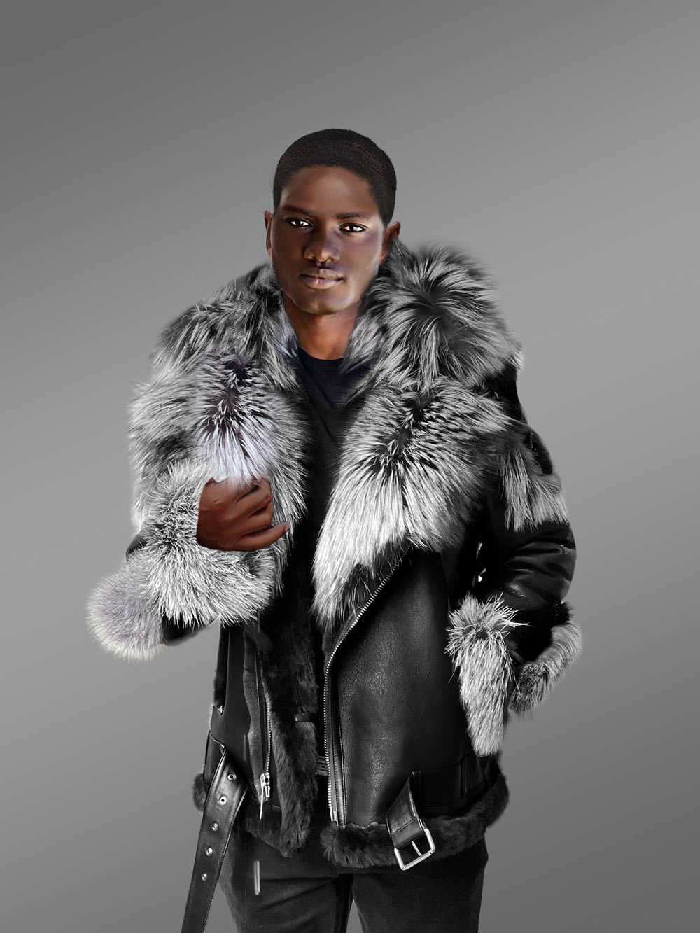 Men Shearling Jacket With Silver Fox Detailing