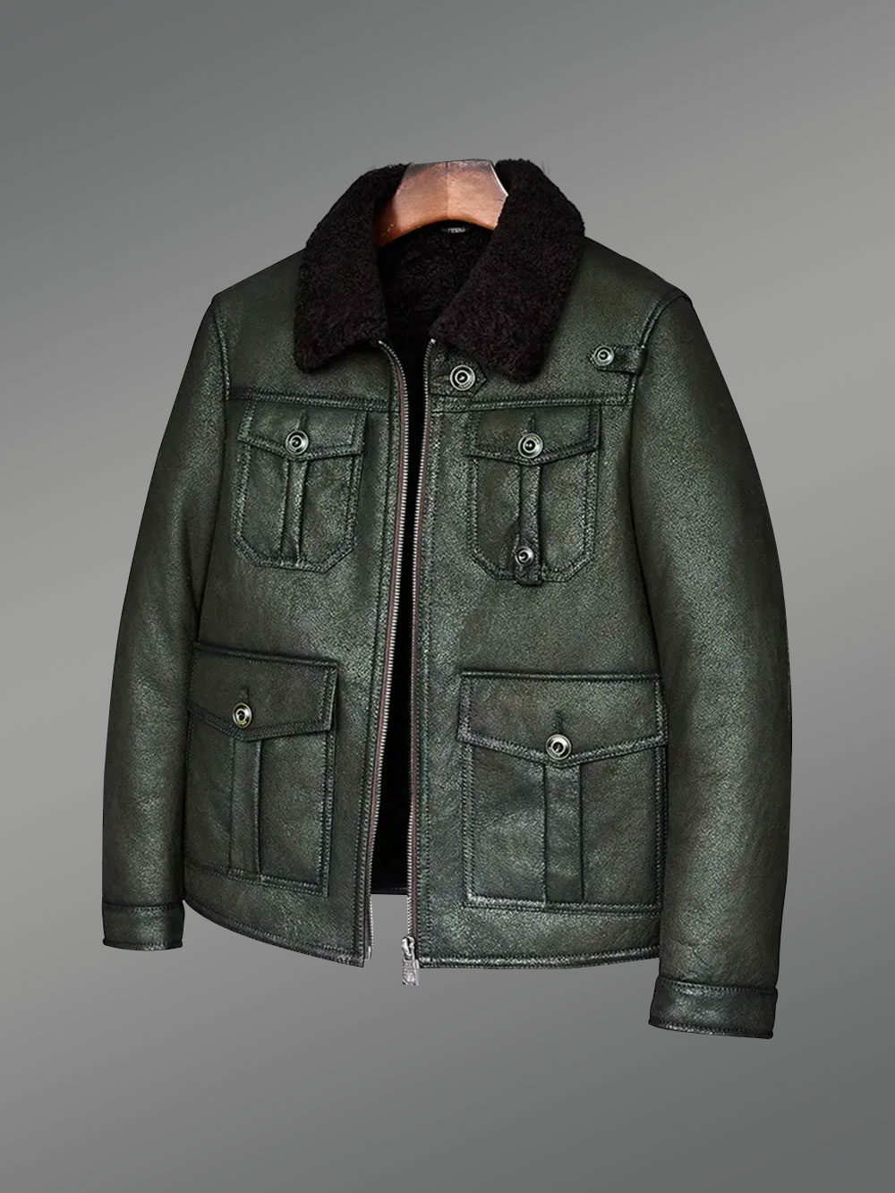 Military green authentic shearling jacket with Four Pockets