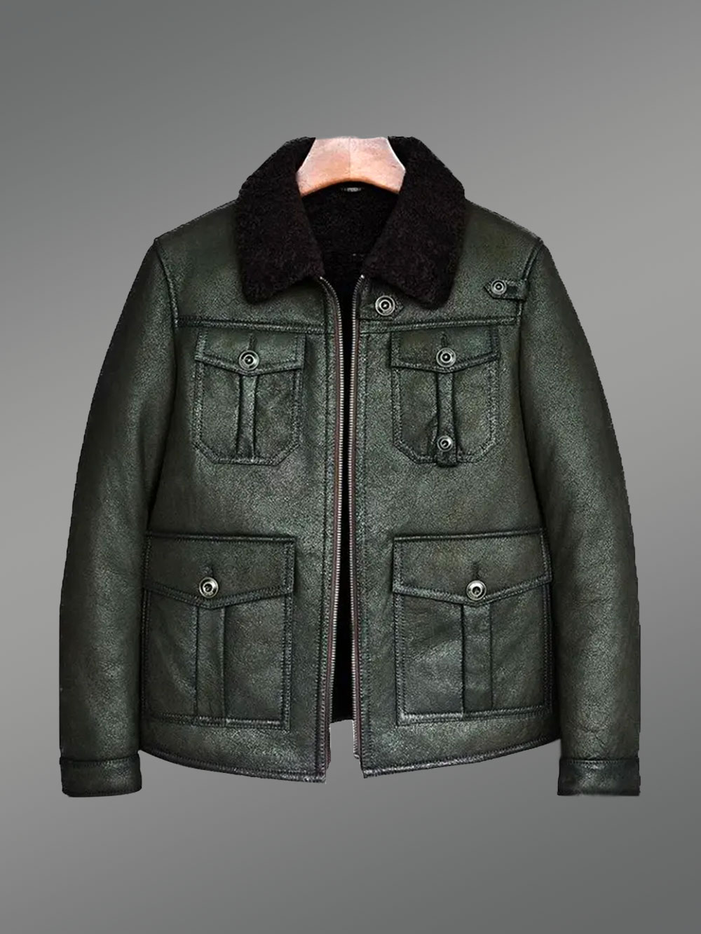 Military green authentic shearling jacket with Four Pockets
