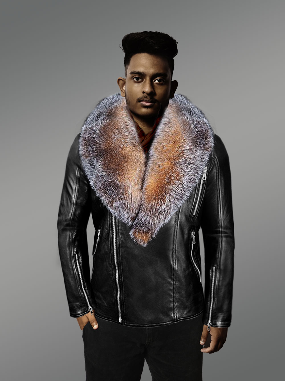 Biker leather jacket with crystal fox fur collar