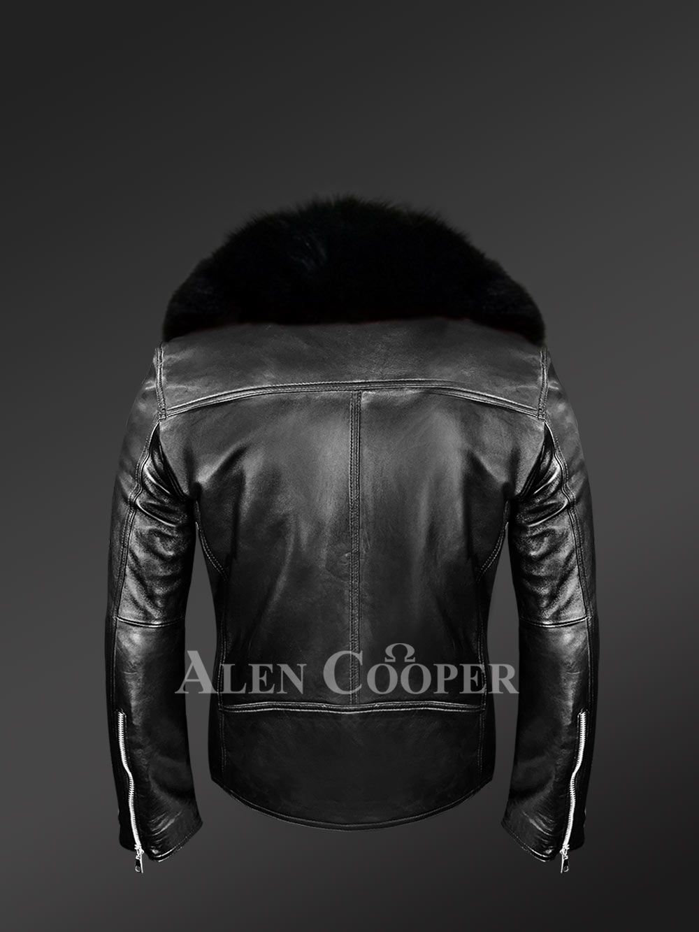 Black Motorcycle Leather Jacket with Fox Fur Collar for Men