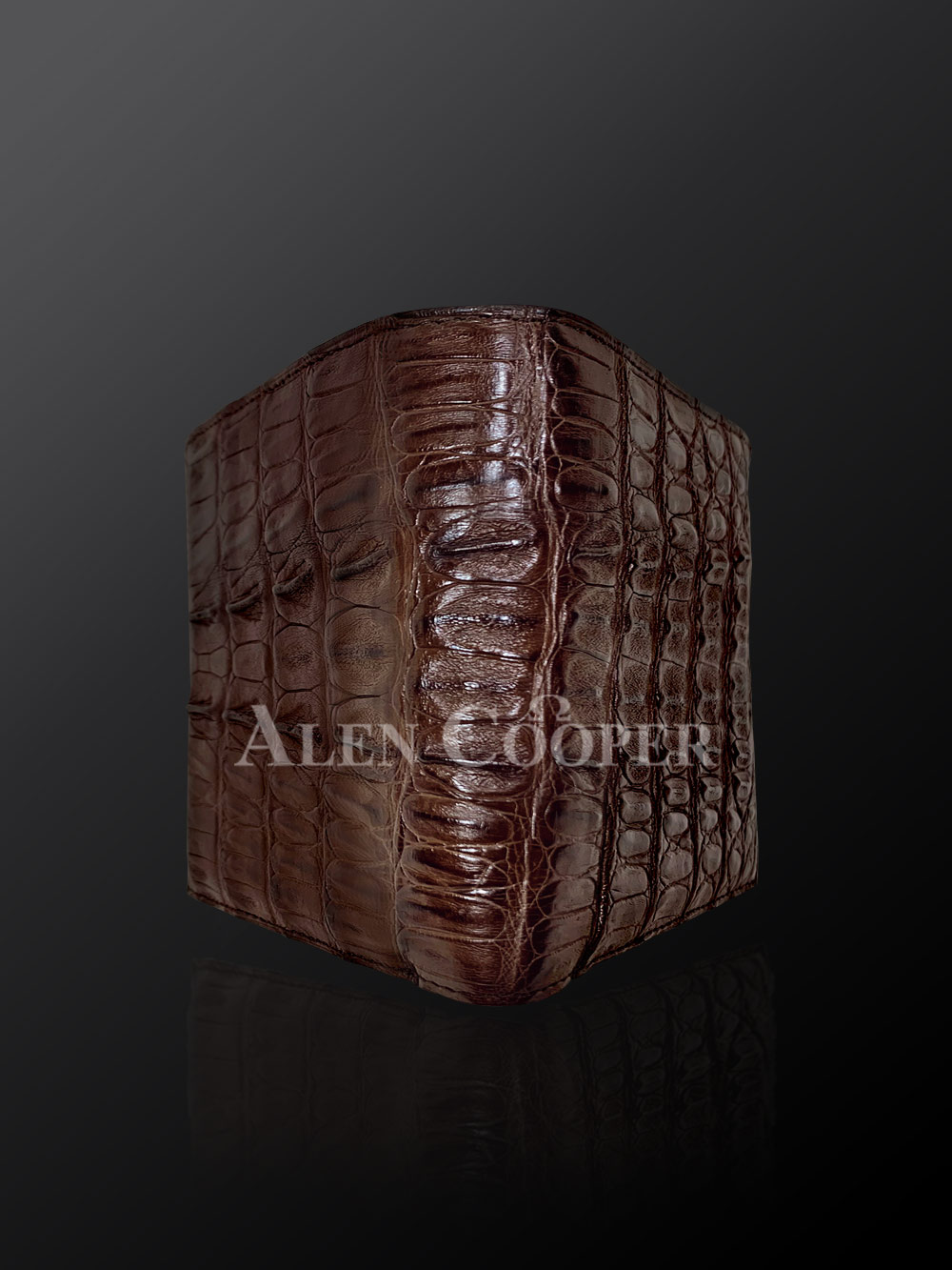 Brown leather wallets made from original alligator skin plates