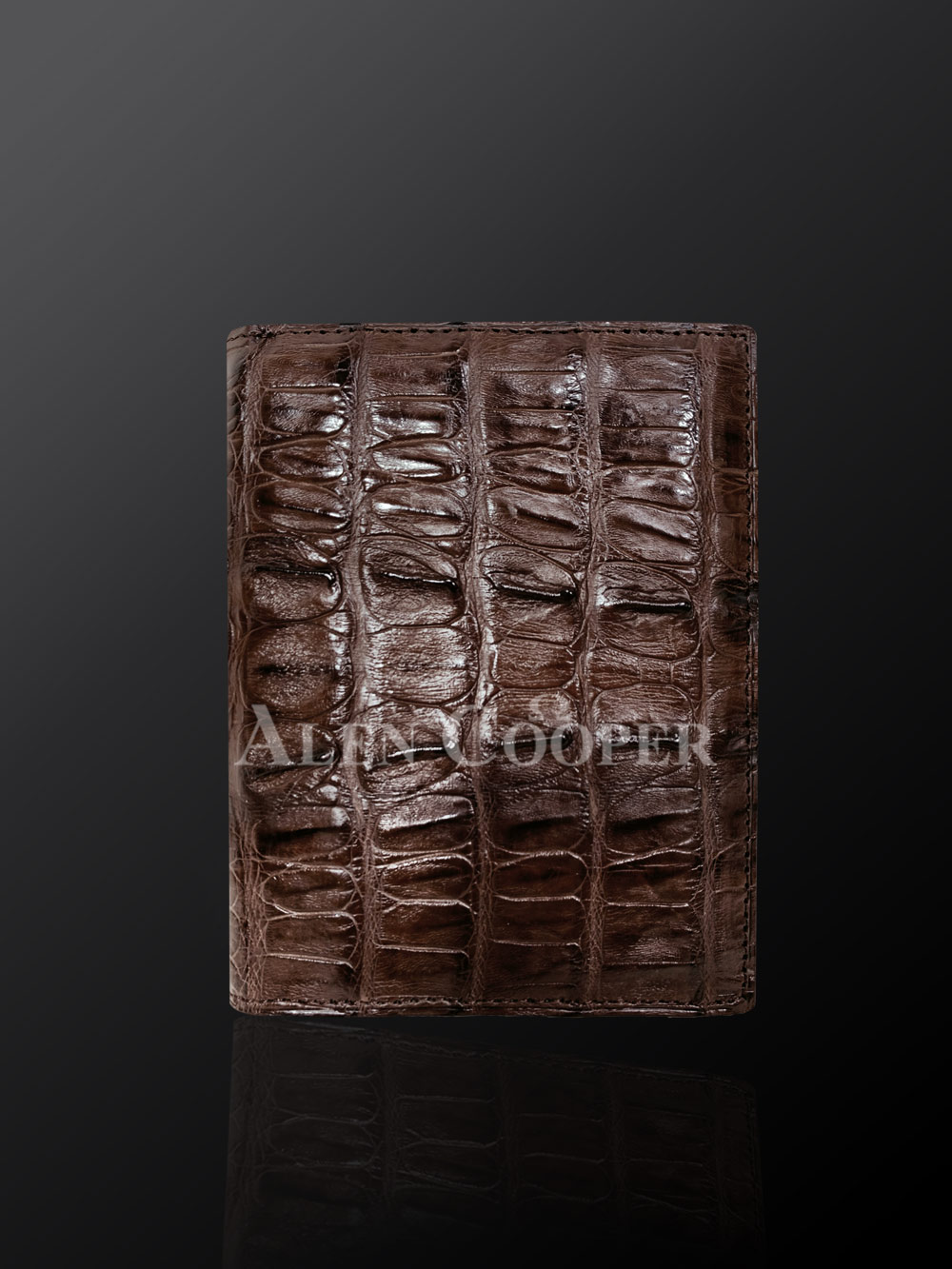 Brown leather wallets made from original alligator skin plates