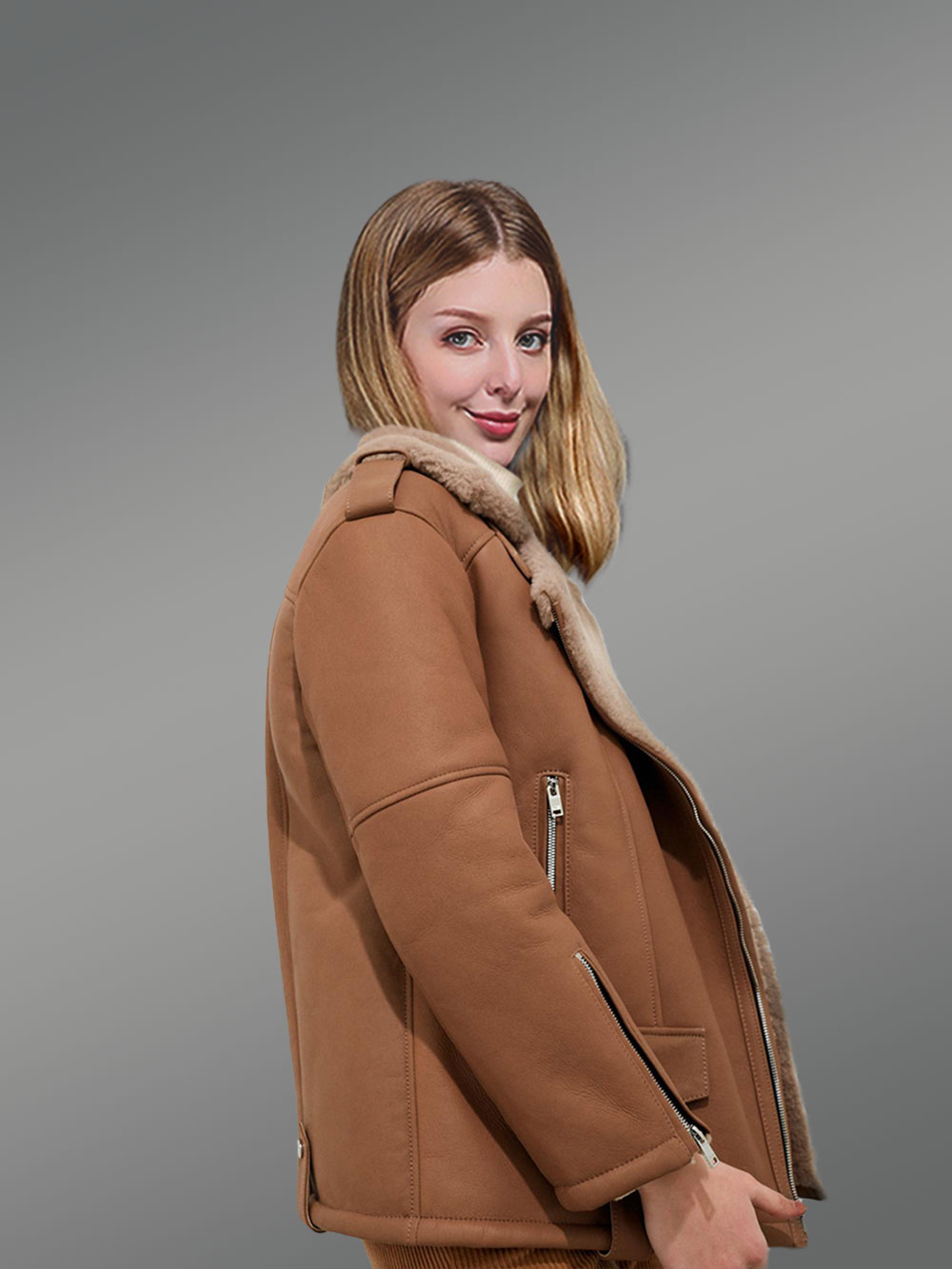 Brown Suede Finish Sheepskin Shearling Jacket For Women
