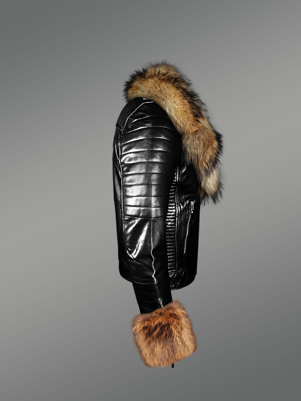 Genuine Leather jackets in black with detachable fur collar and handcuffs