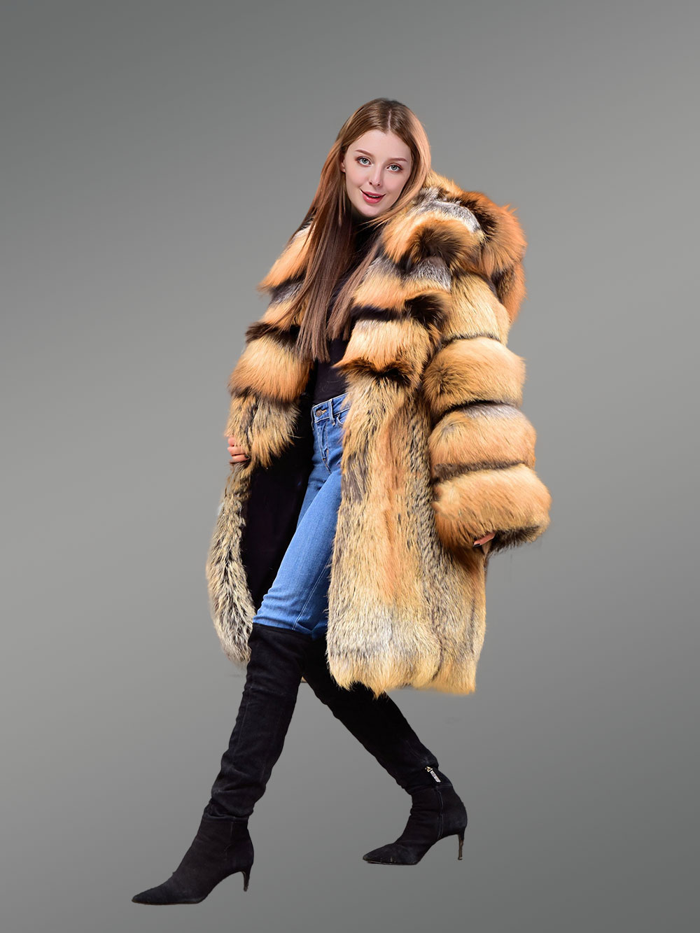 Fox Fur Trench Coat With Wide Hood