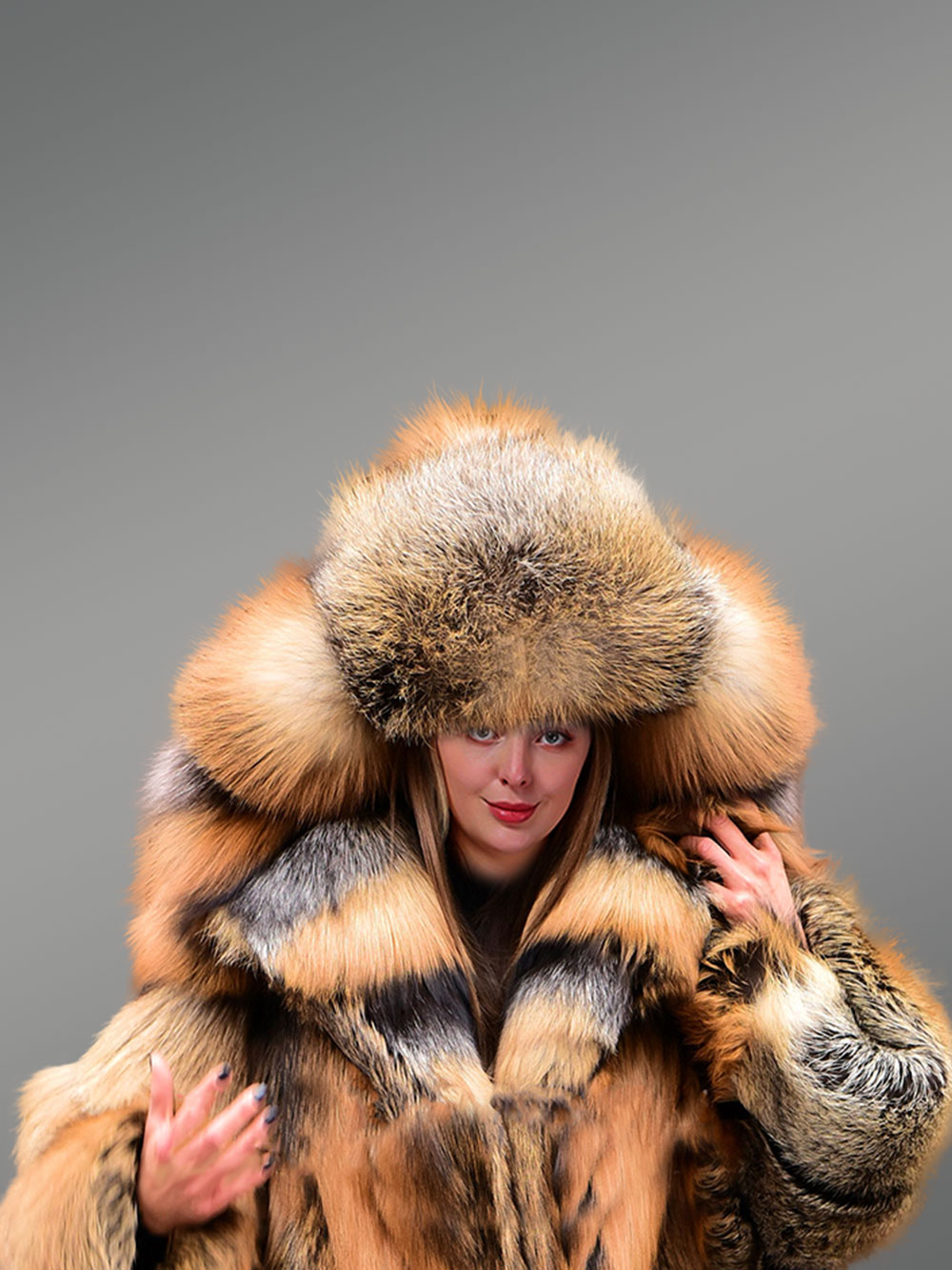 Fox Fur Trench Coat With Wide Hood