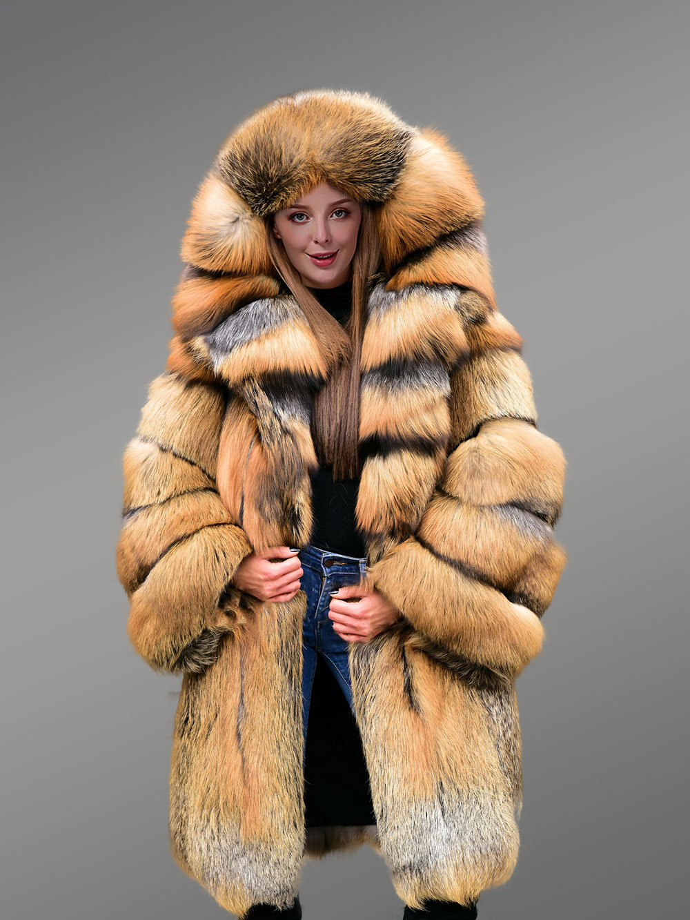Fox Fur Trench Coat With Wide Hood