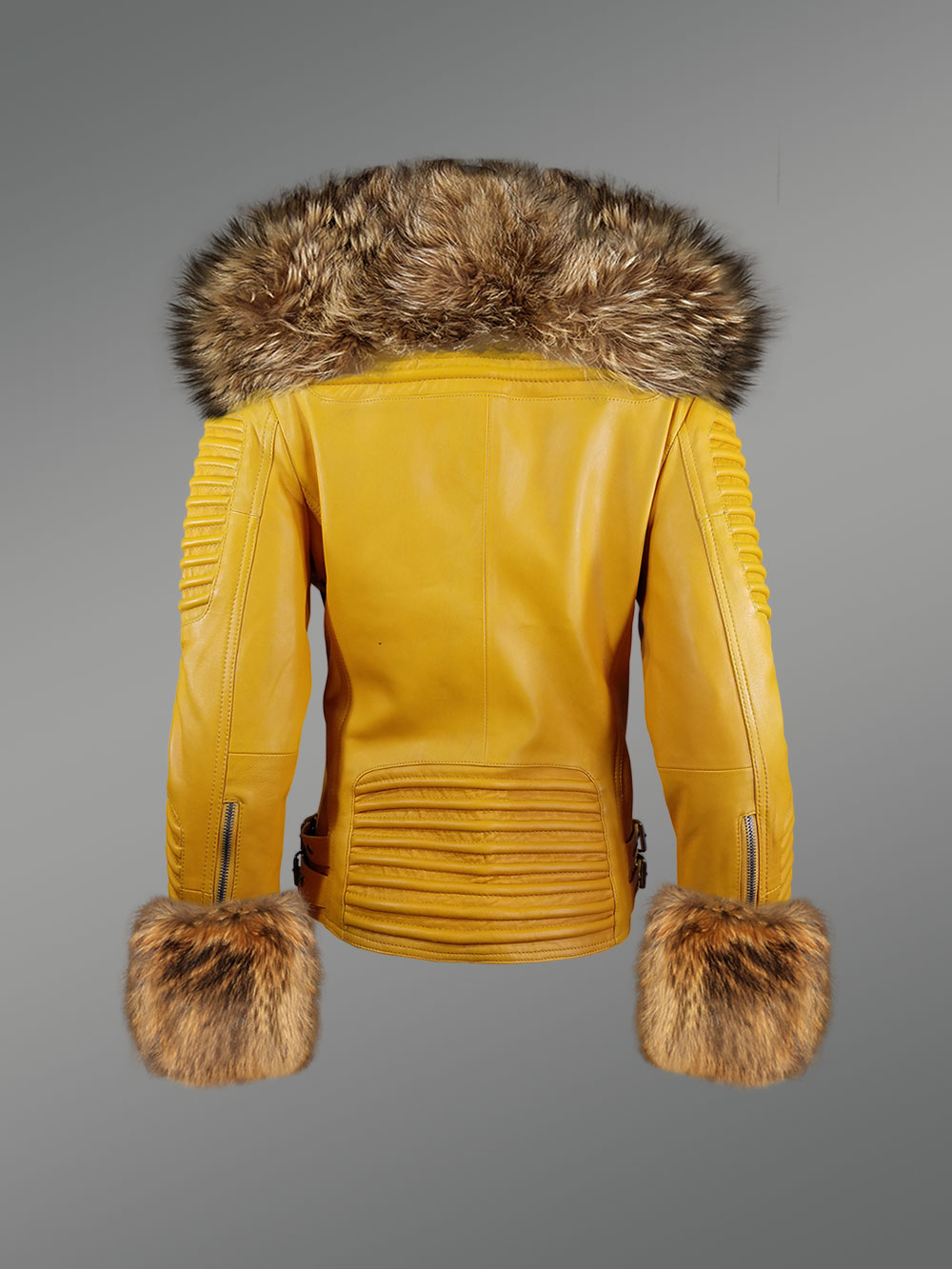 Genuine leather jacket in yellow with removable fur collar and handcuffs