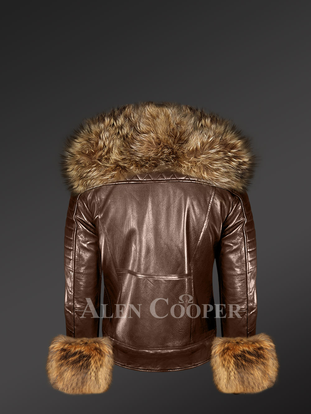 Genuine leather jackets in coffee with detachable fur collar and handcuffs