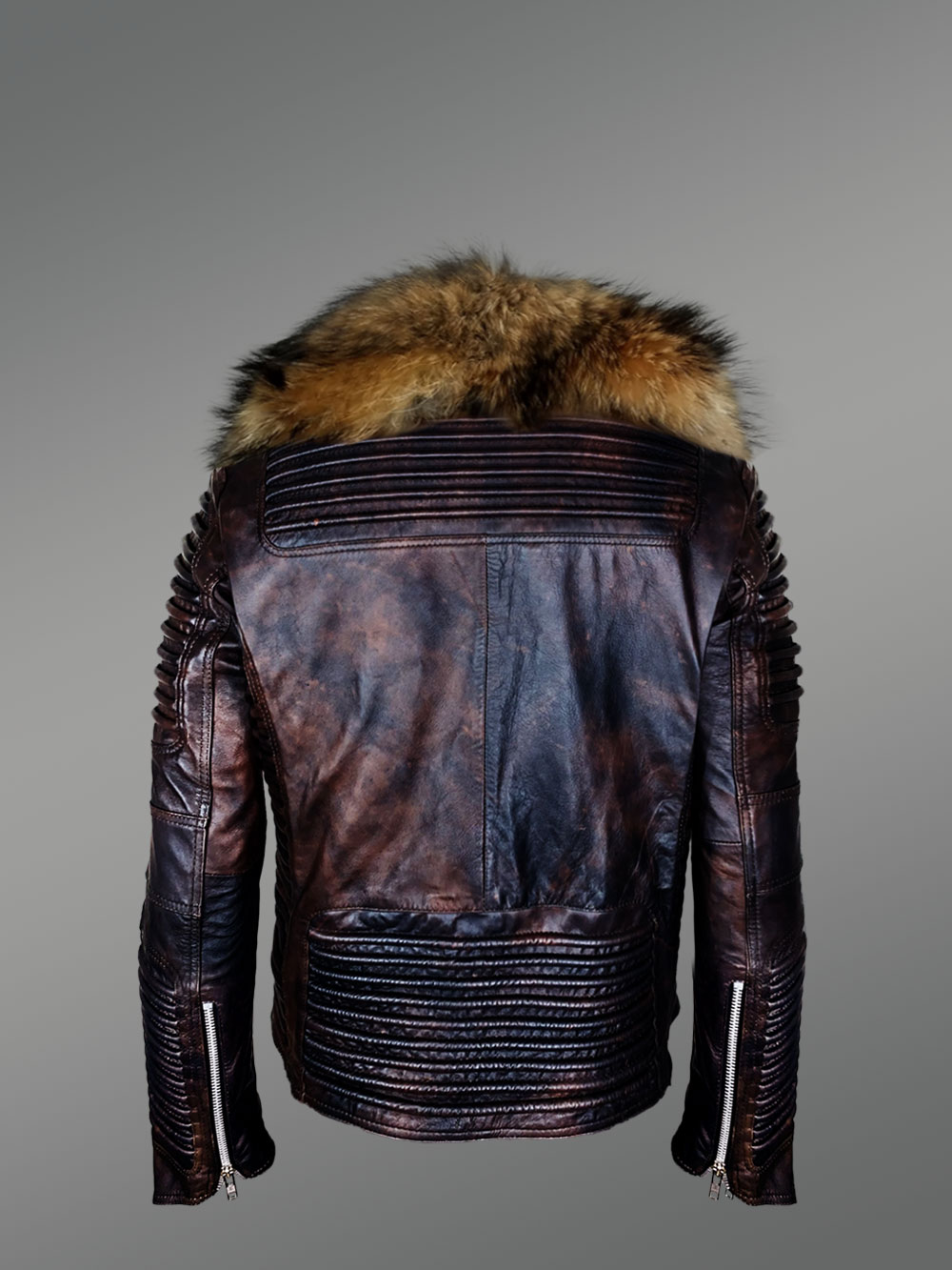 Leather Jacket with Belt and Fur Collar