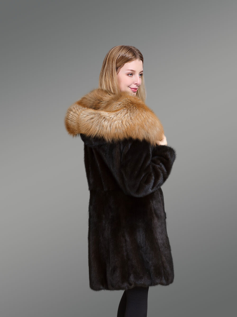 Mink Fur Coat With Red Fox Fur Hood And Lapels For Women