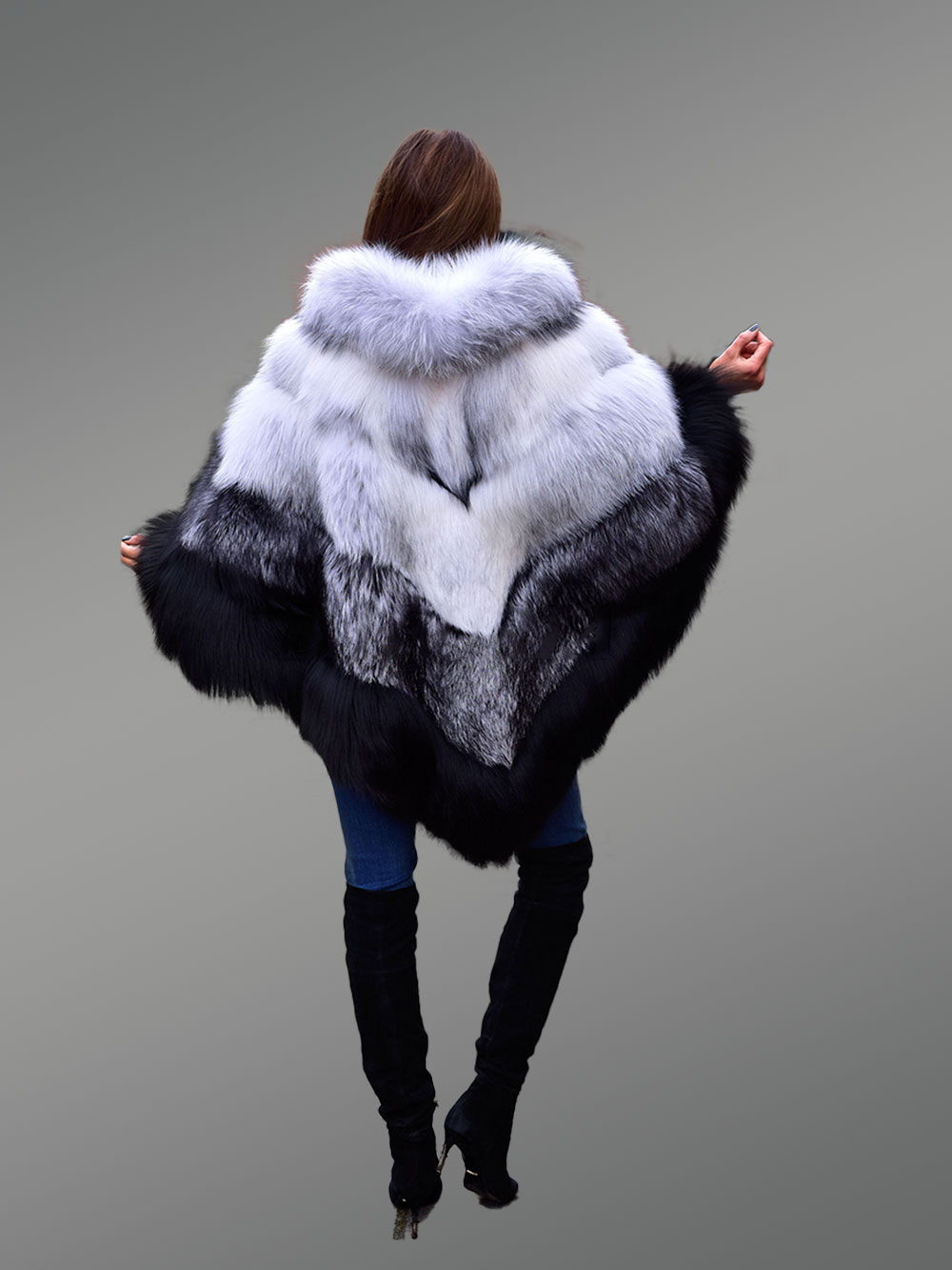 Knee-Length Fox-Fur Poncho for Women