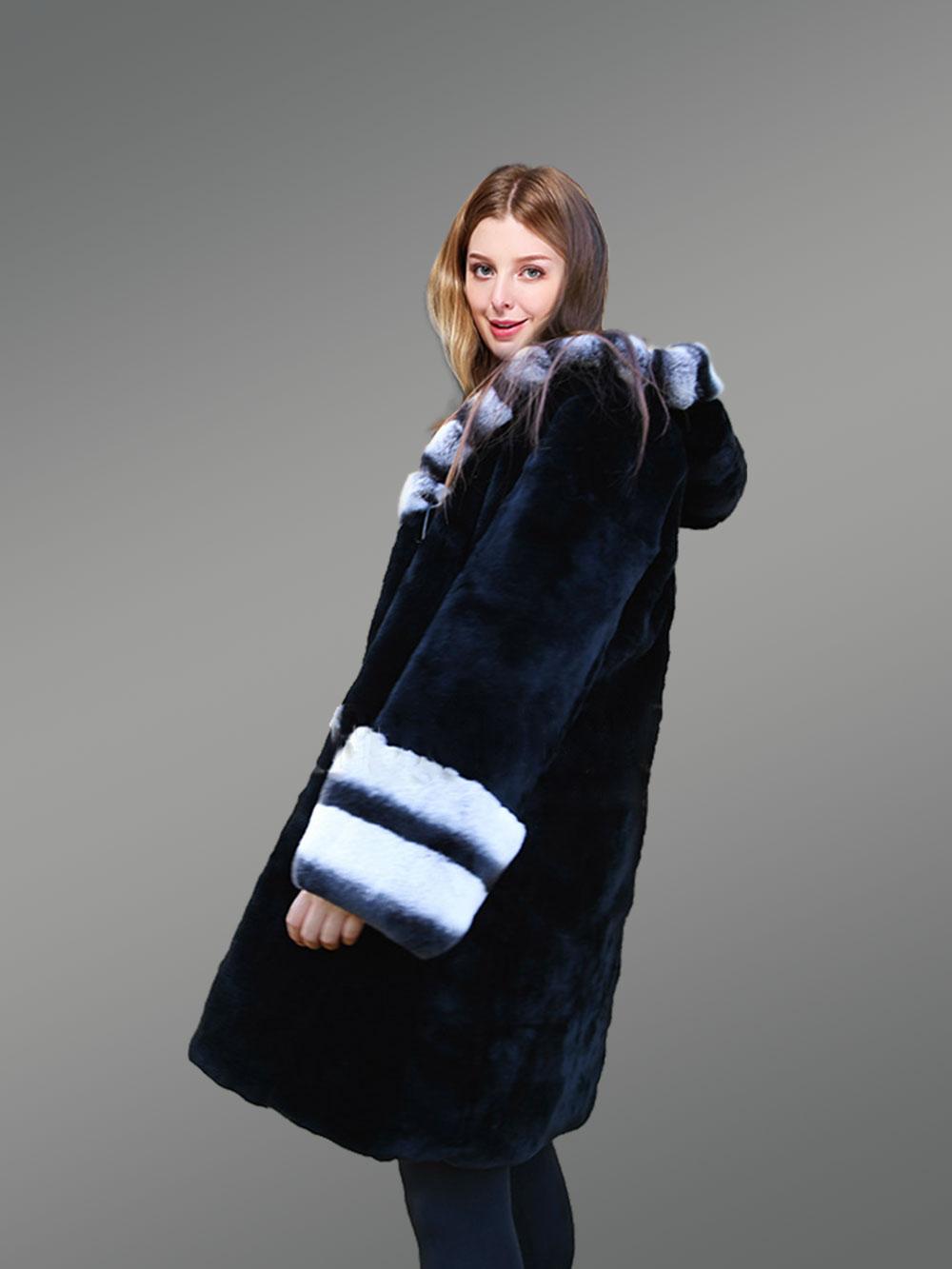 Womens Rex Rabbit Fur Coat with Hood