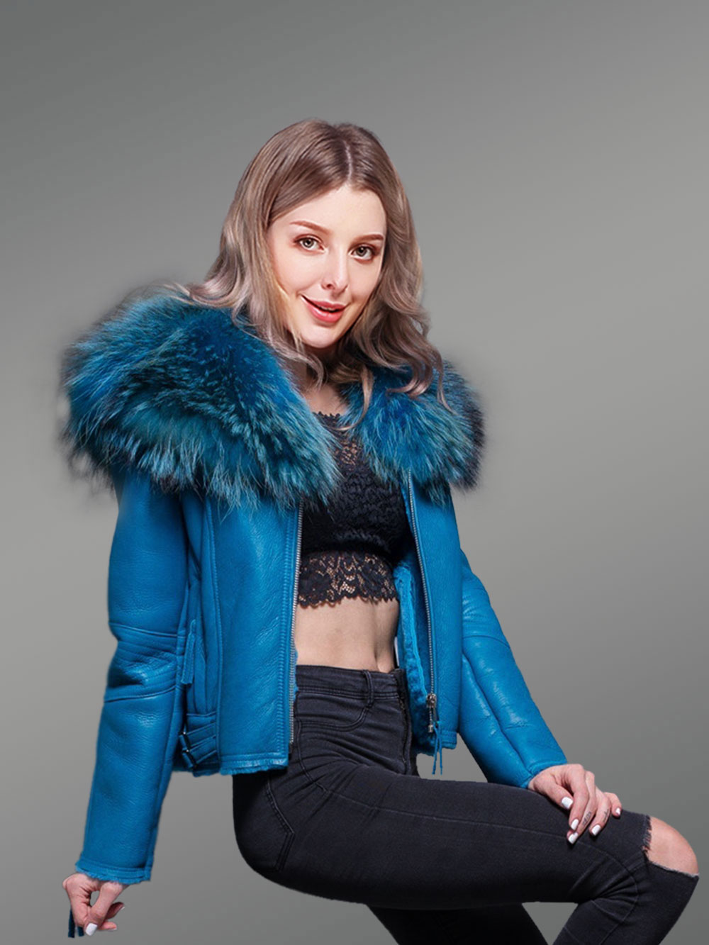 Short blue Shearling Jacket
