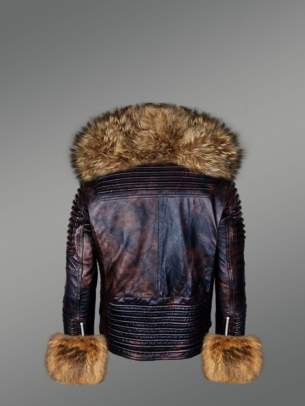 Trendy original leather jackets with removable fur collar and handcuffs