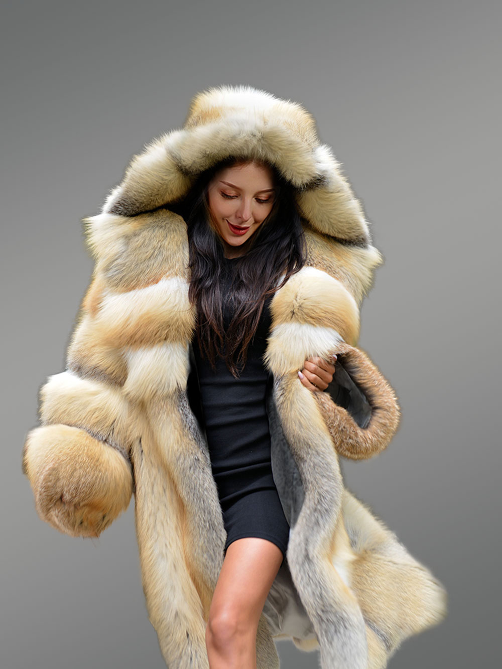 Fox Fur Long Coat With Hood For Elegance & Comfort