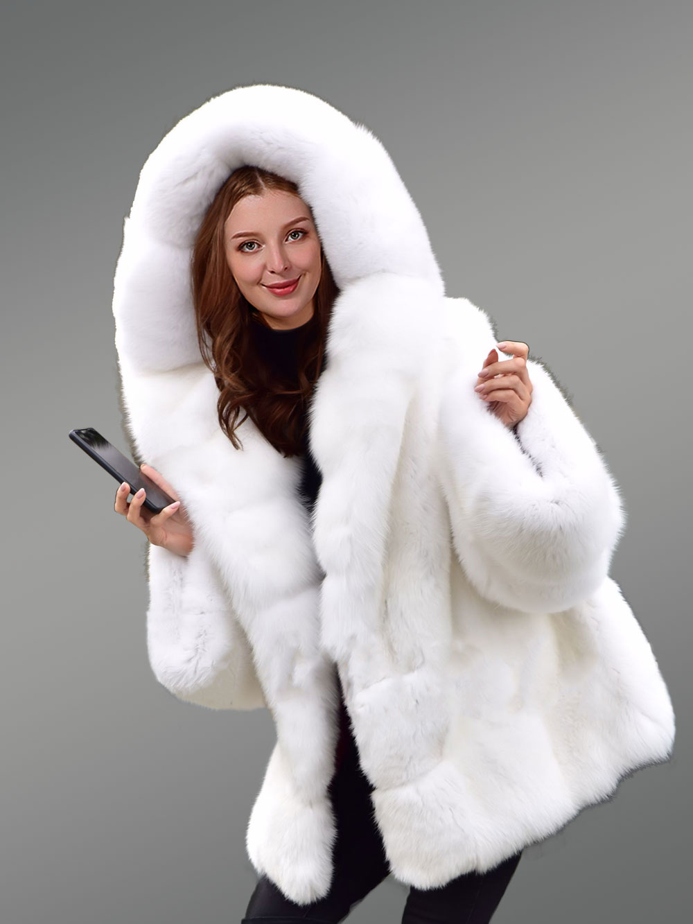 Fox Fur White Coat with Hood for A Graceful Look This Winter