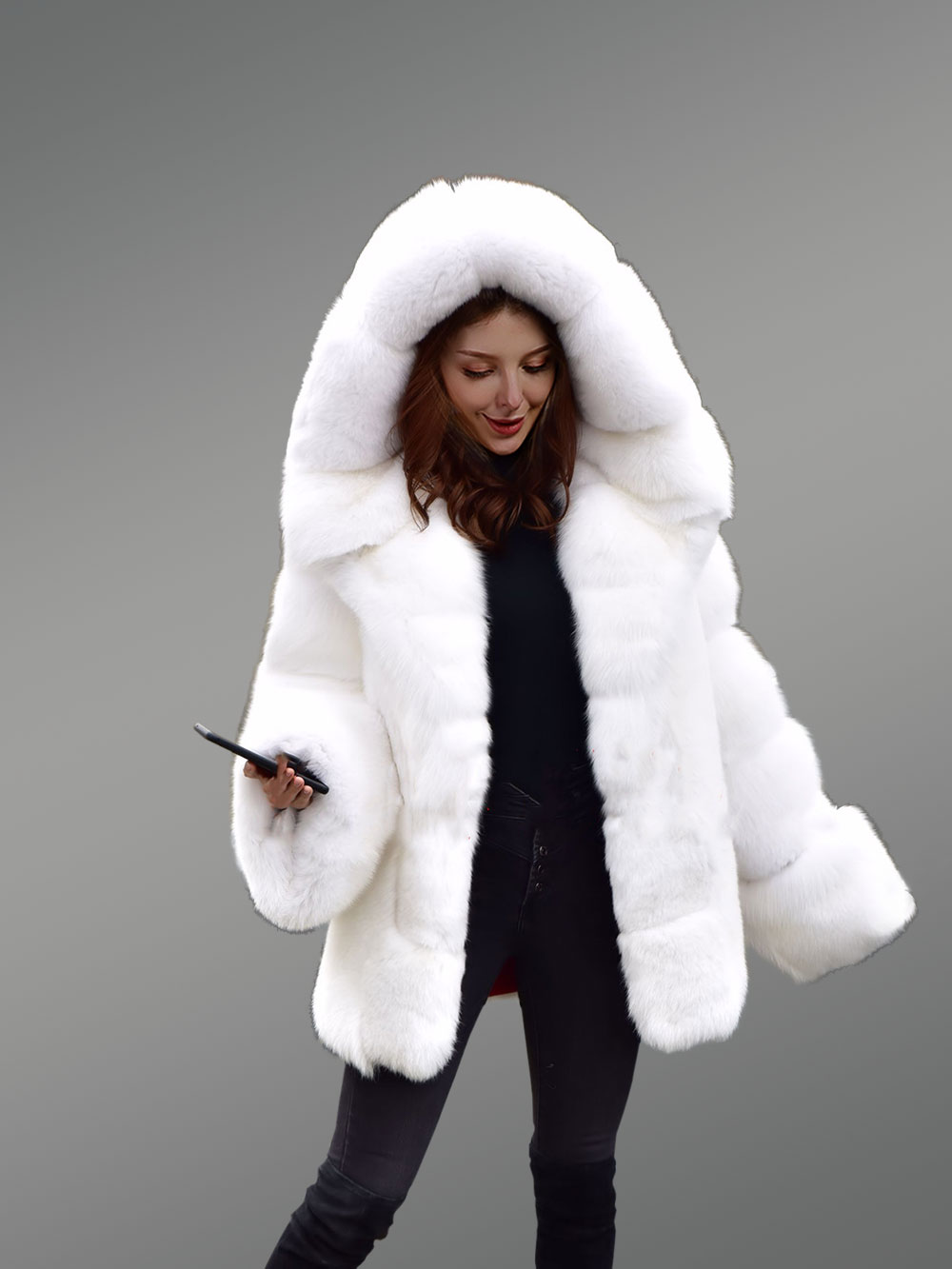 Fox Fur White Coat with Hood for A Graceful Look This Winter