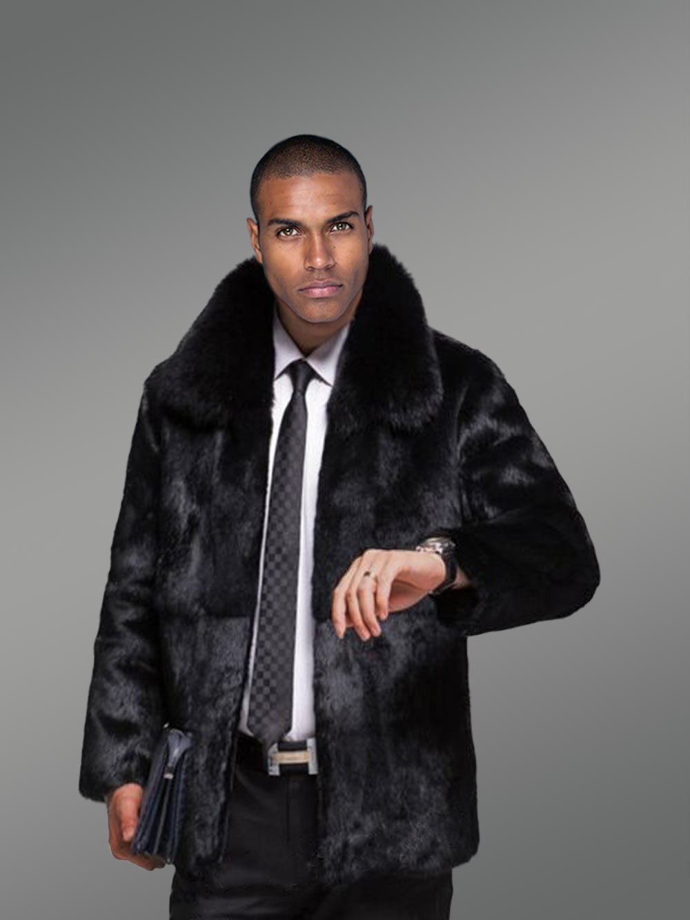 Black Rabbit Fur Coat with Fox Fur Collar