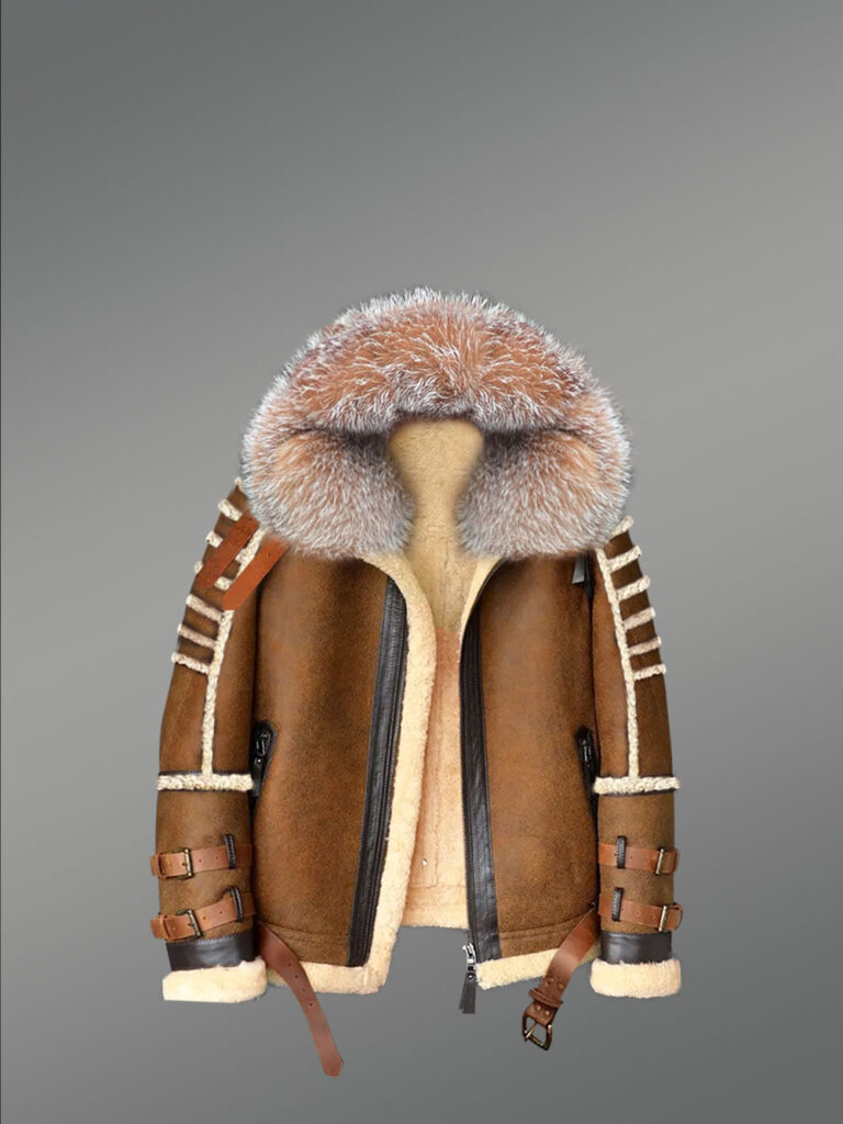 Classic Sheepskin Bomber Jacket with Detachable Hood