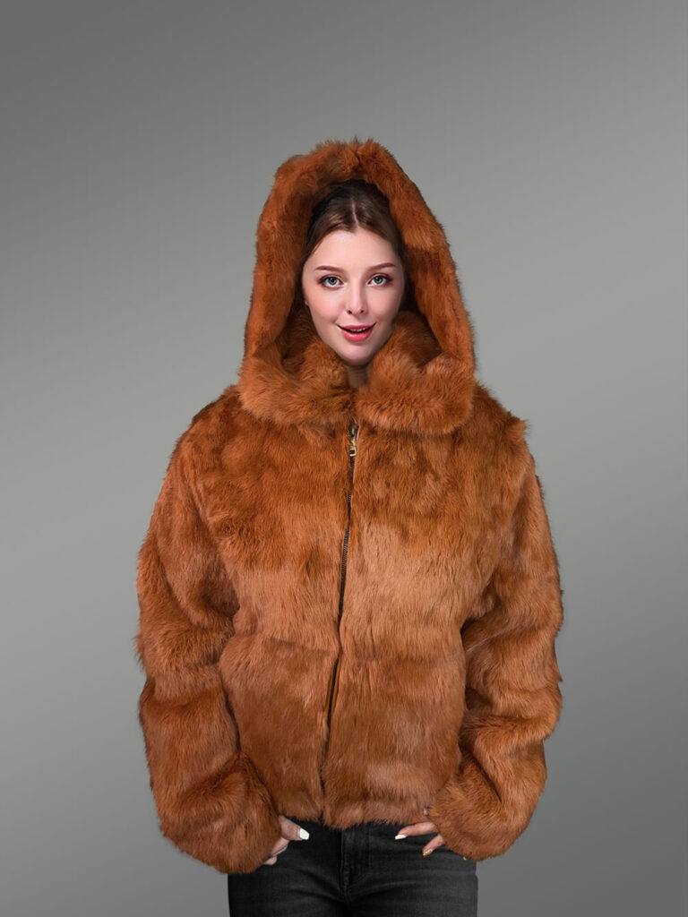 Rabbit Fur Bomber Jacket in Tan