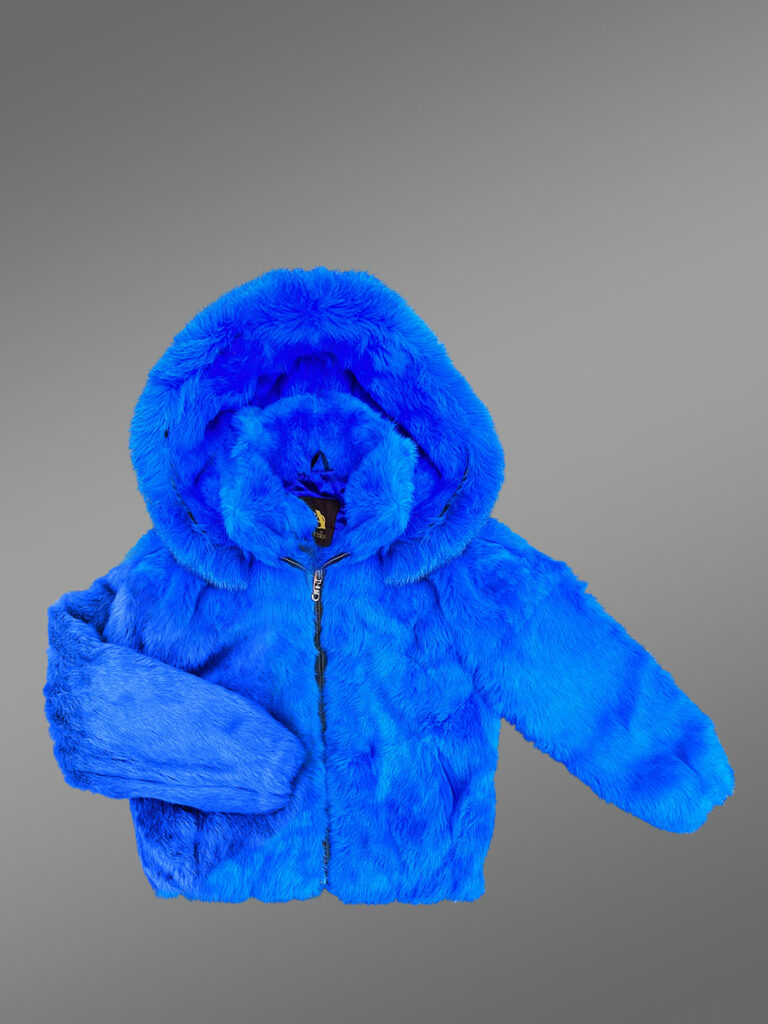 Royal Blue Jacket In Rabbit Fur For Kids