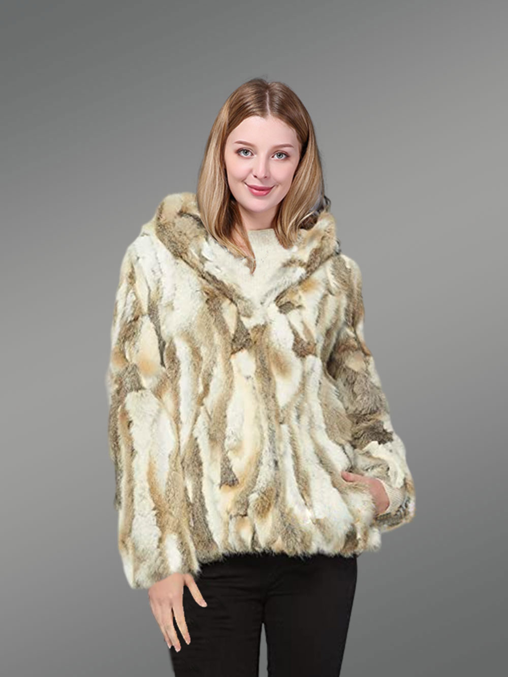Women’s Natural Rabbit Bomber Jacket with Hood