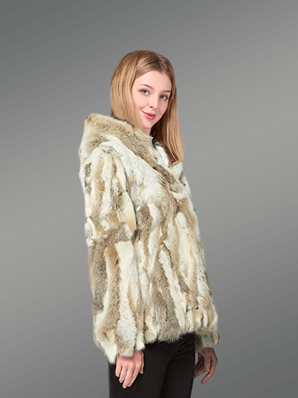Women’s Natural Rabbit Bomber Jacket with Hood