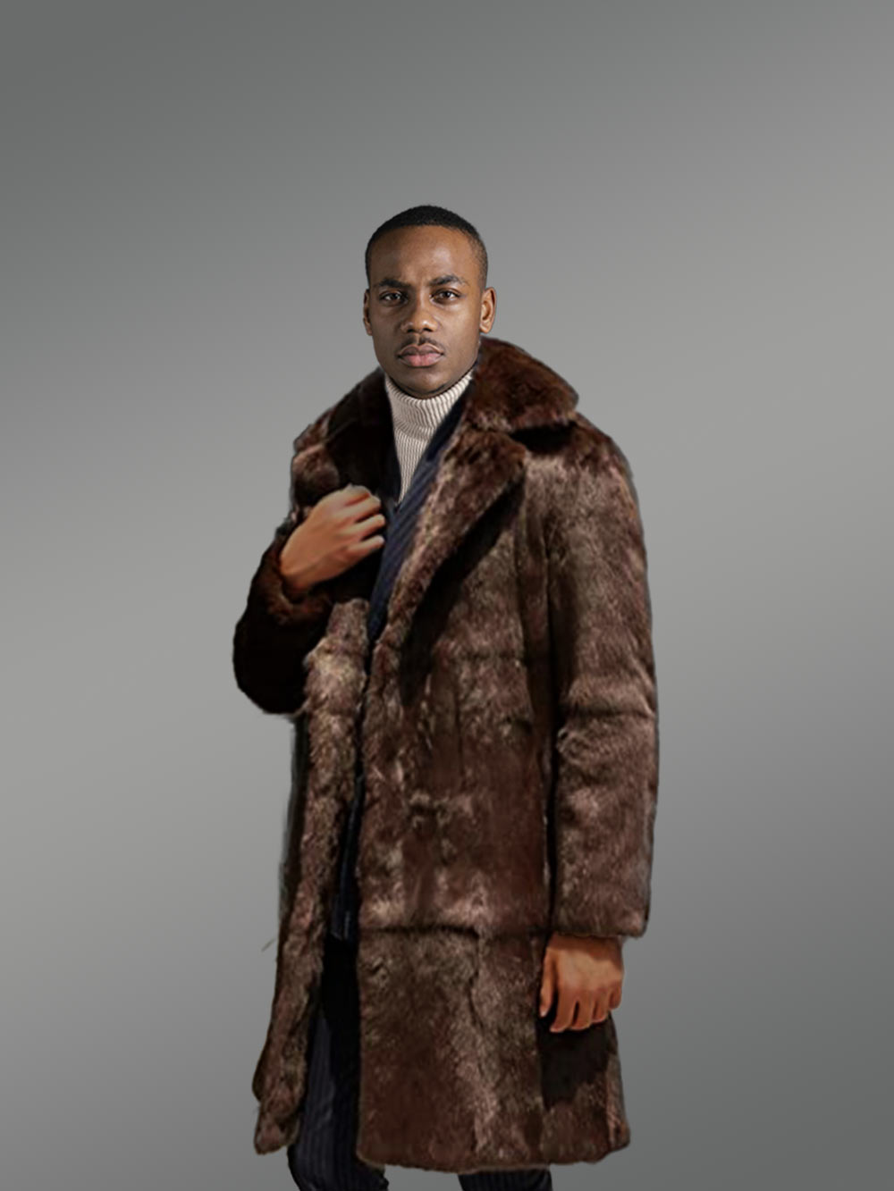 Rabbit Fur Long Coat Men in Double Section Lining Texture