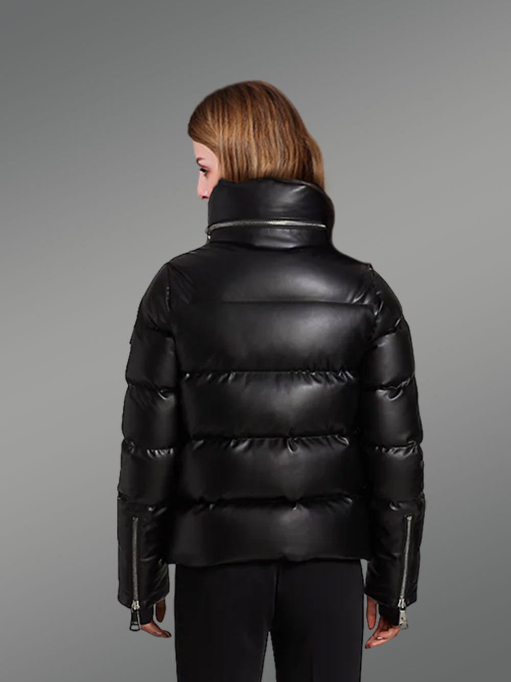 Goose Down Leather Jacket With Hood For Women