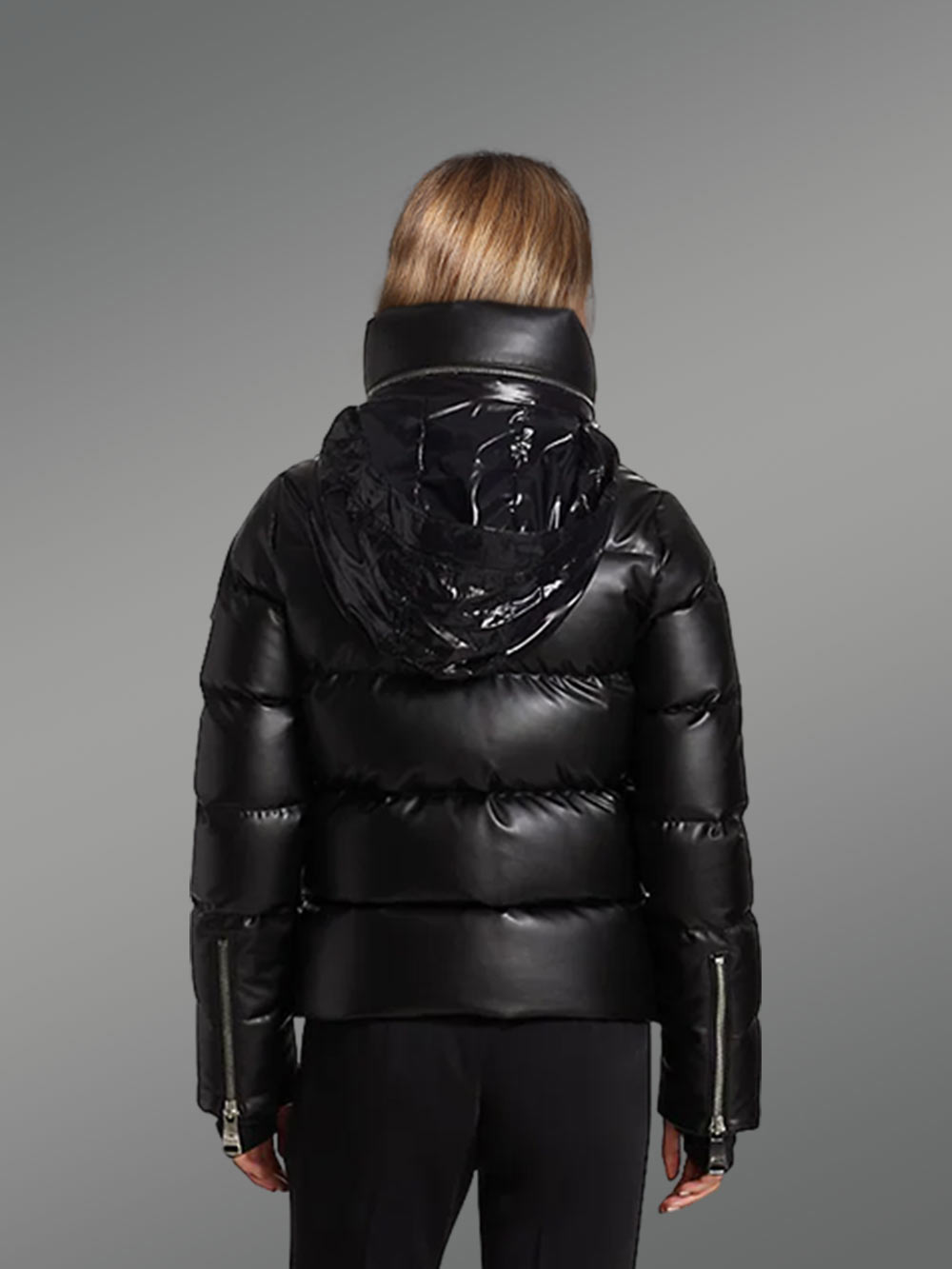 Goose Down Leather Jacket With Hood For Women