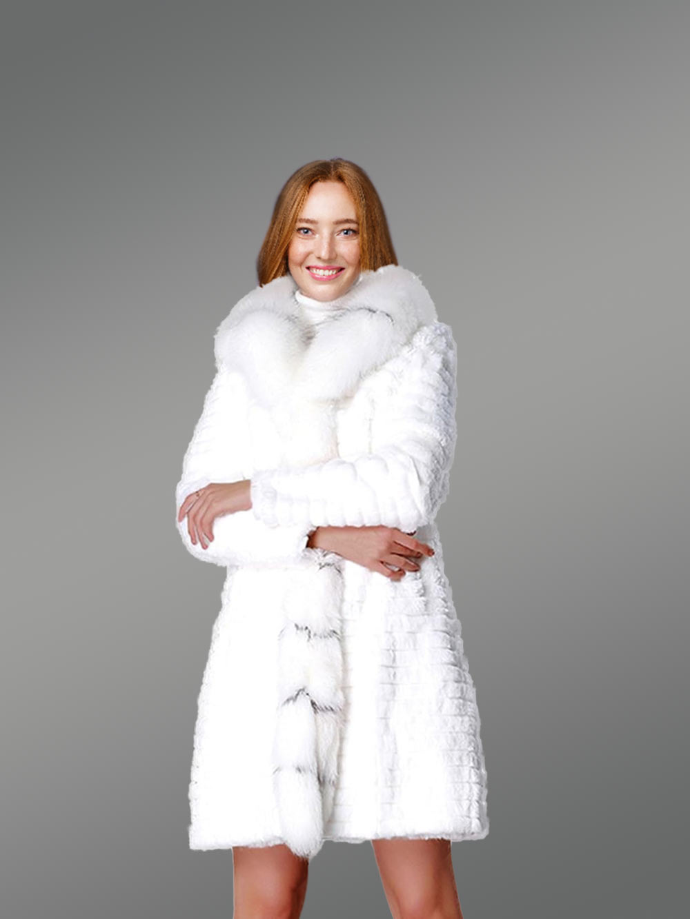 Horizontal Layered Rabbit Coat with Frontline Fox Trims