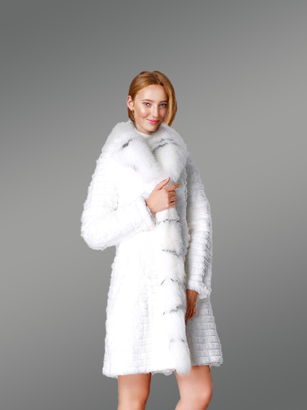 Horizontal Layered Rabbit Coat with Frontline Fox Trims